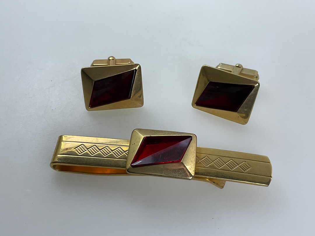 Vintage Anson Cuff Links Tie Bar Set Gold Toned Rectangle With Red ...