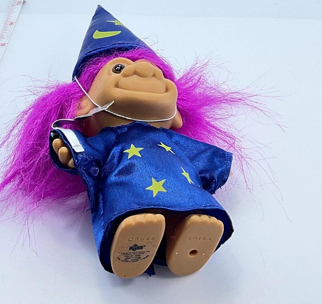 Vintage Russ Wizard Troll With Pink Hair, Blue Star Robe, Hat and Wand ...