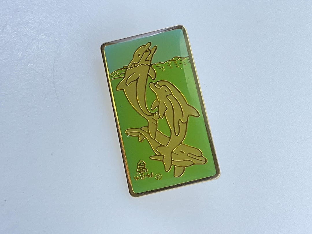 Vintage Seaworld Souvenir Pin Brooch Gold Toned Rectangle With Dolphins ...