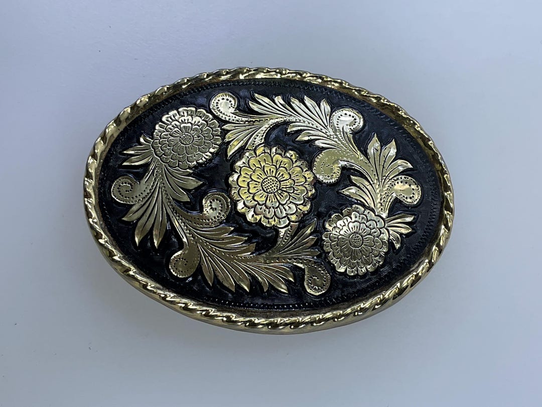 Vintage Belt Buckle Gold Toned Oval Southwestern Design Squash Blossoms ...
