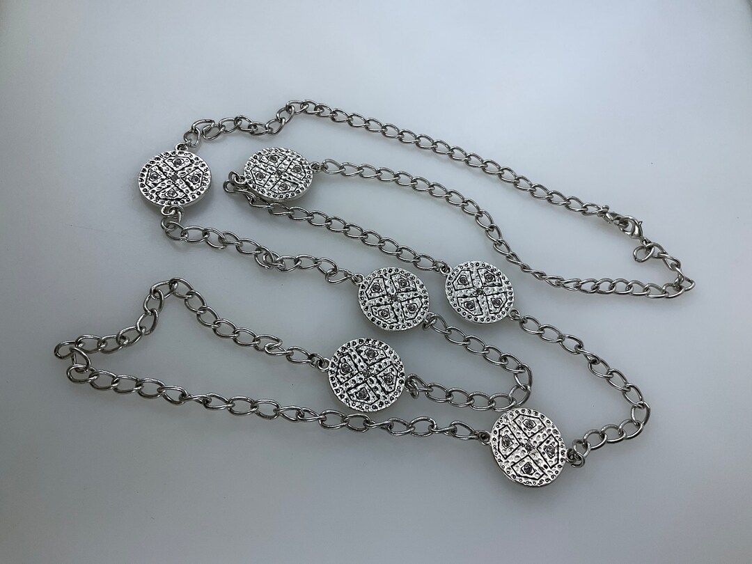 Vintage 41” Necklace Silver Toned Chain With Rounds and Clear ...