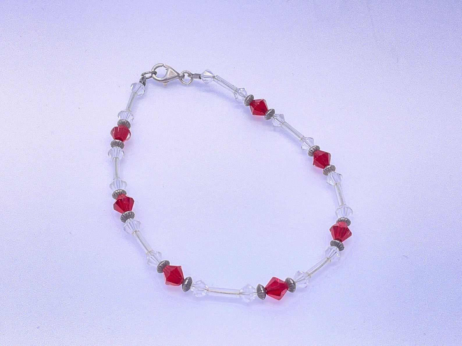 Vintage 7” Bracelet Sterling Silver 925 With Clear Red Beads Used - Etsy