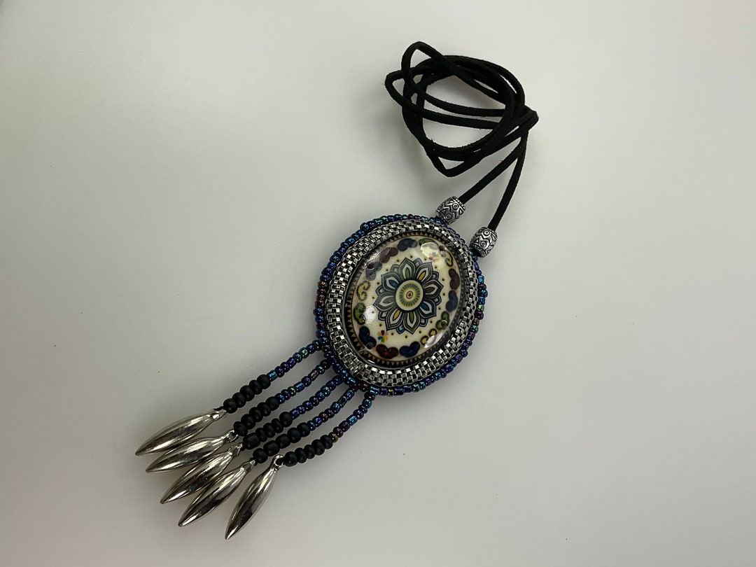 Vintage 28” Necklace Oval Floral With Peacock Beads and Dangles Used - Etsy
