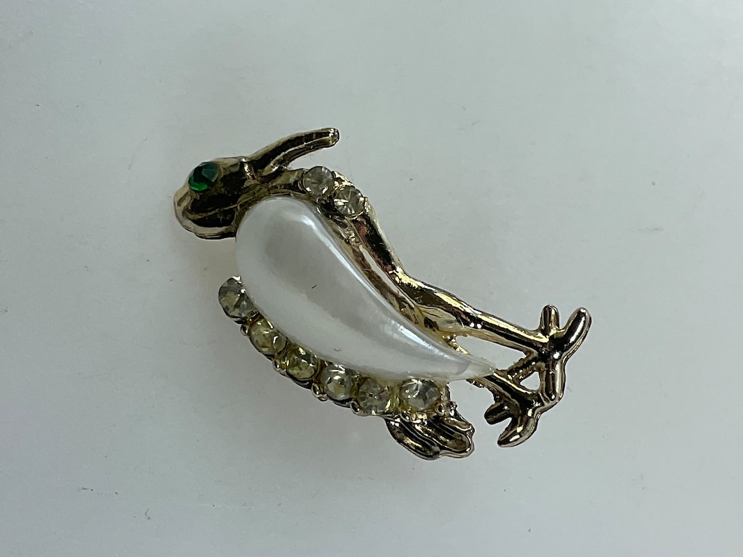 Vintage Pin Brooch Gold Toned Stork With White Faux Pearl Stone Green ...
