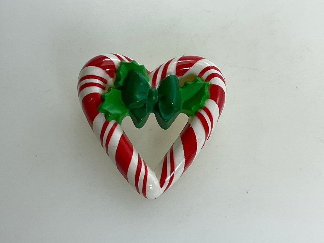 Vintage Hallmark Pin Brooch Candy Cane Heart With Holly Red White Green ...