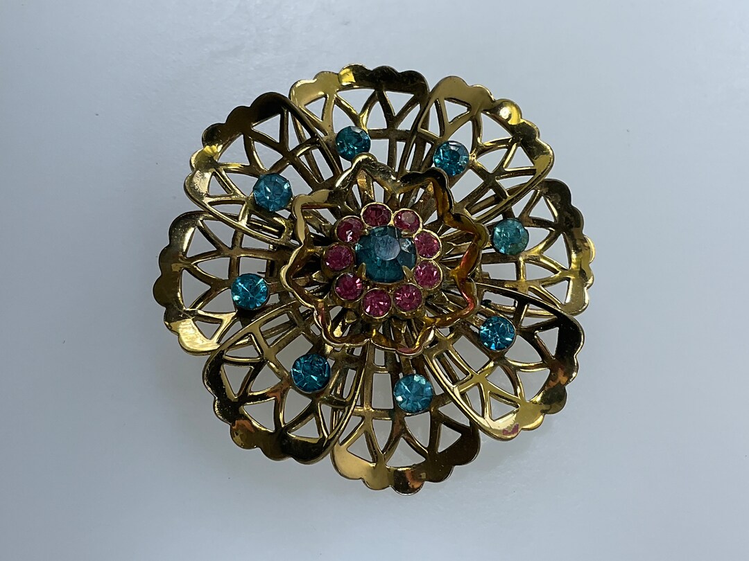 Vintage Coro Pin Brooch Gold Toned Round Floral With Blue and Pink ...