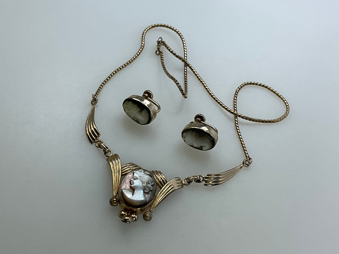 Vintage Loran Sim 16” Necklace Screw Back Earrings Set Gold Filled Oval ...