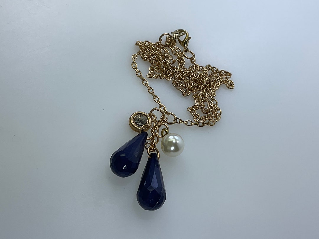 Vintage 28” Necklace Gold Toned Chain With Blue Teardrops Clear ...
