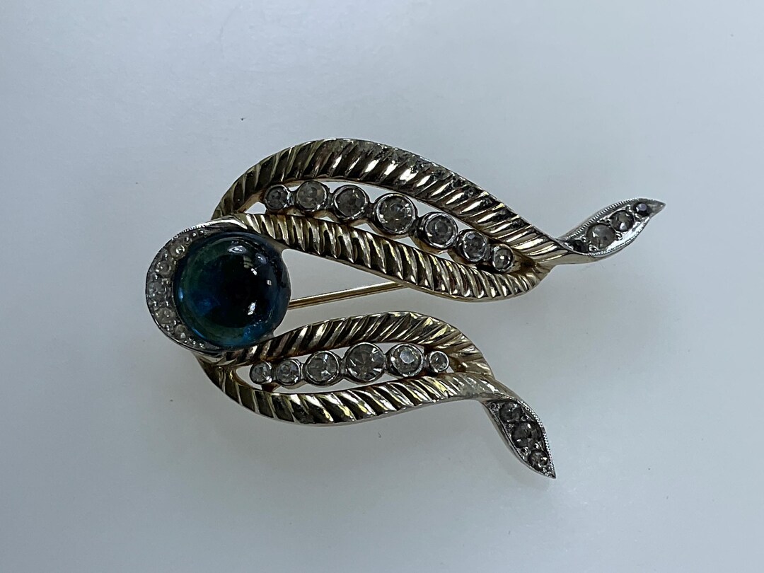 Vintage Pin Brooch Gold Toned Textured Curve With Blue and Clear ...