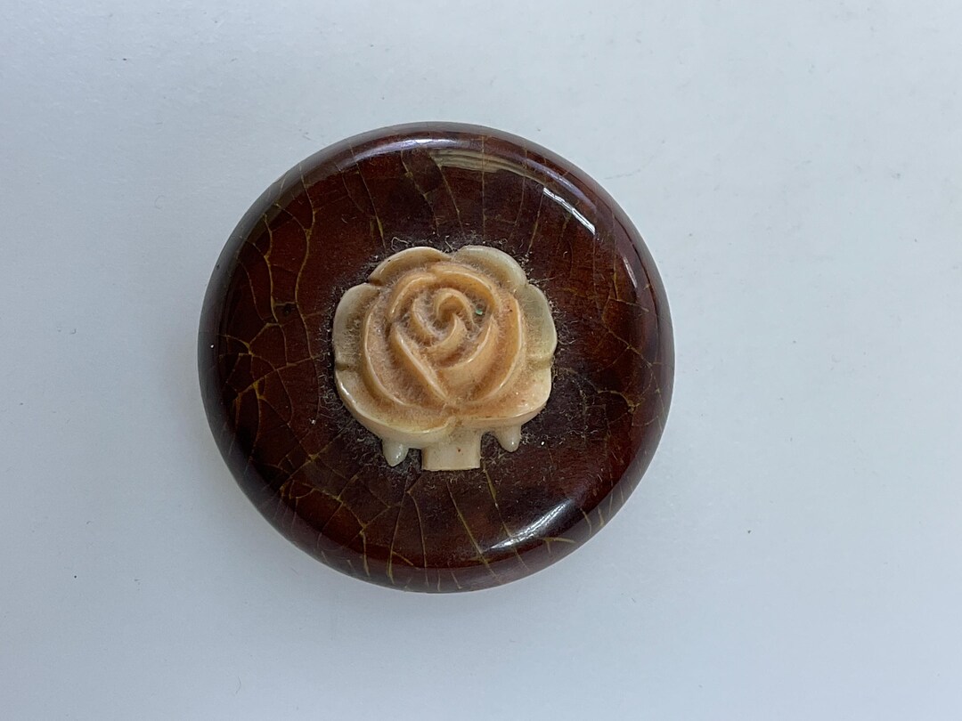 Vintage Pin Brooch Brown Wood Round With Pink Rose Used - Etsy