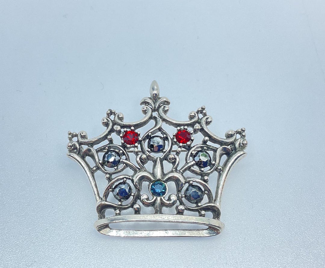 Vintage Pin Brooch Silver Toned Crown With Red, Black and Blue Stones ...