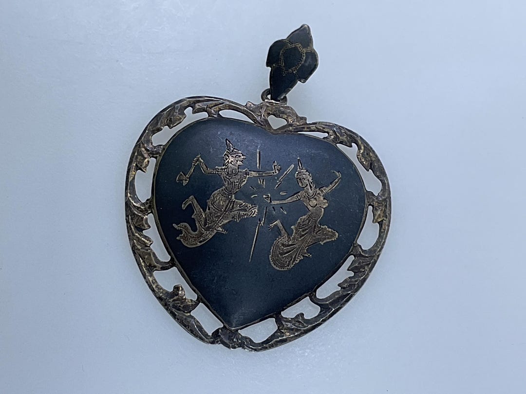 Vintage Siam Pendant Sterling Silver 925 Heart With Goddesses and Black ...