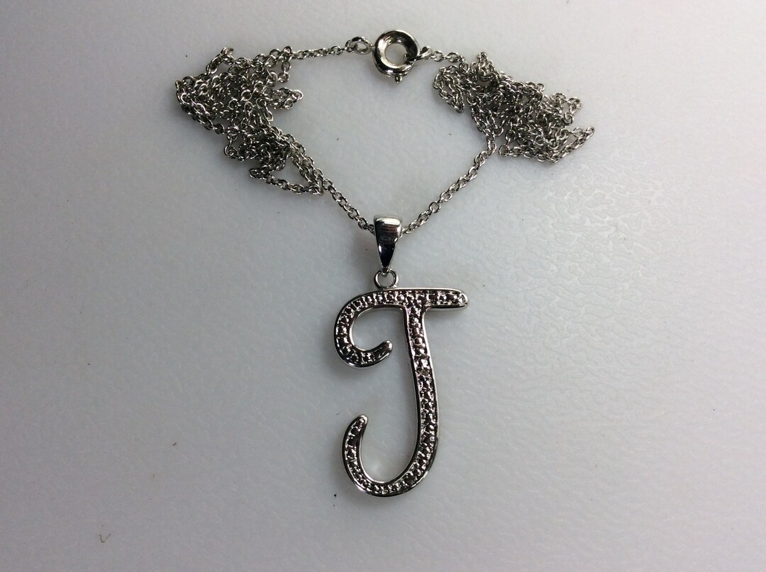 Vintage 18" Necklace Sterling Silver 925 Cursive Letter T With Stone ...