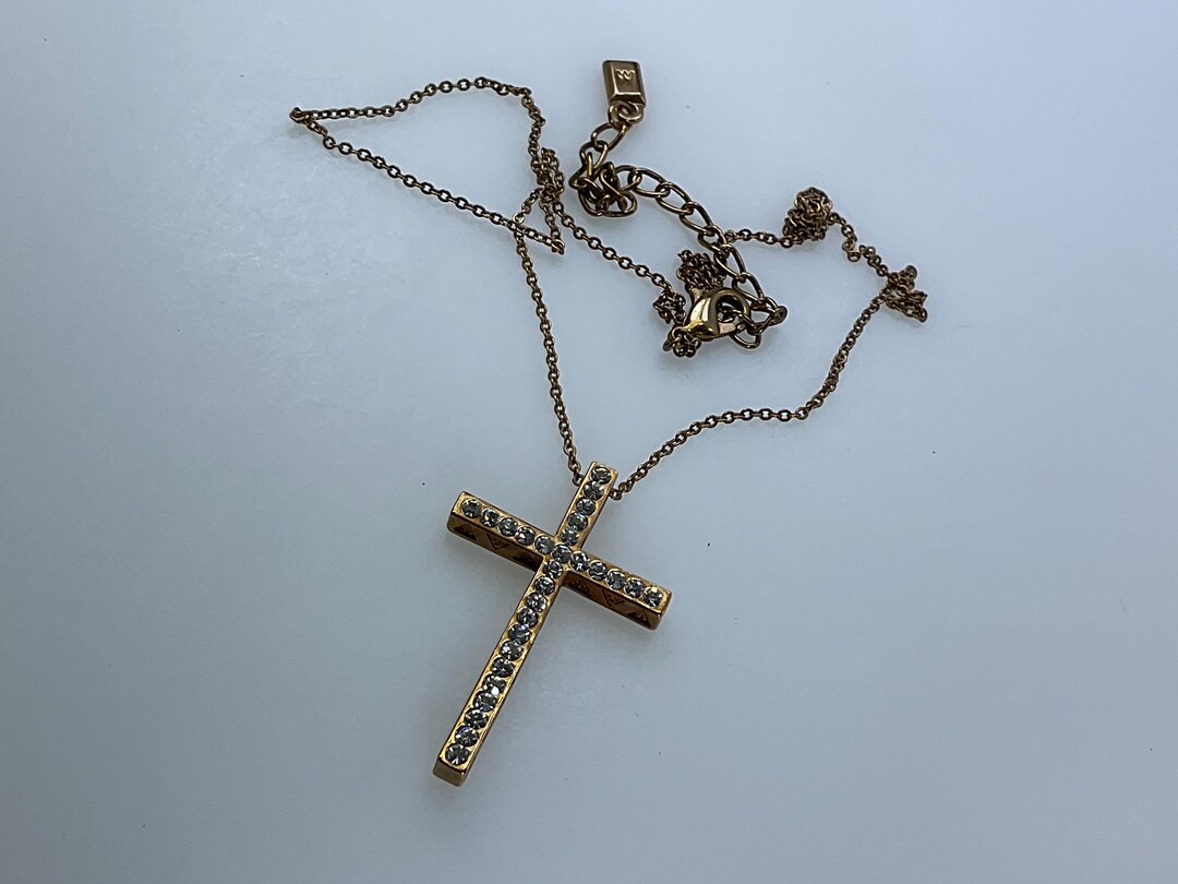 Vintage 18”-21” Necklace Gold Toned Cross With Clear Rhinestones Needs ...