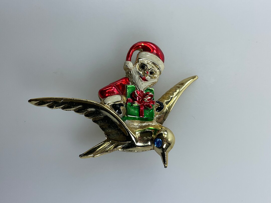 Vintage Beatrix Pin Brooch Gold Toned Santa on Bird With Present Blue ...