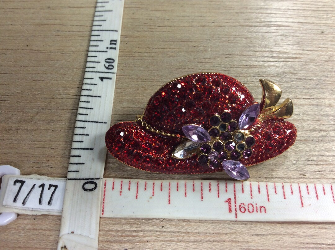 Vintage Gold Toned Red Purple Rhinestone Red Hat Pin Brooch Used - Etsy
