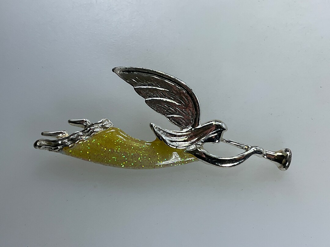 Vintage Aai Pin Brooch Silver Toned Angel With Trumpet Yellow Sparkle ...