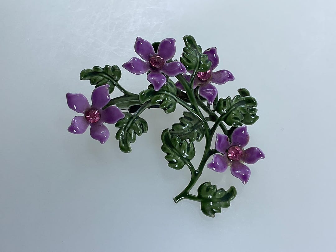 Vintage Pin Brooch Flowers With Leaves Pink Rhinestones Purple Green ...
