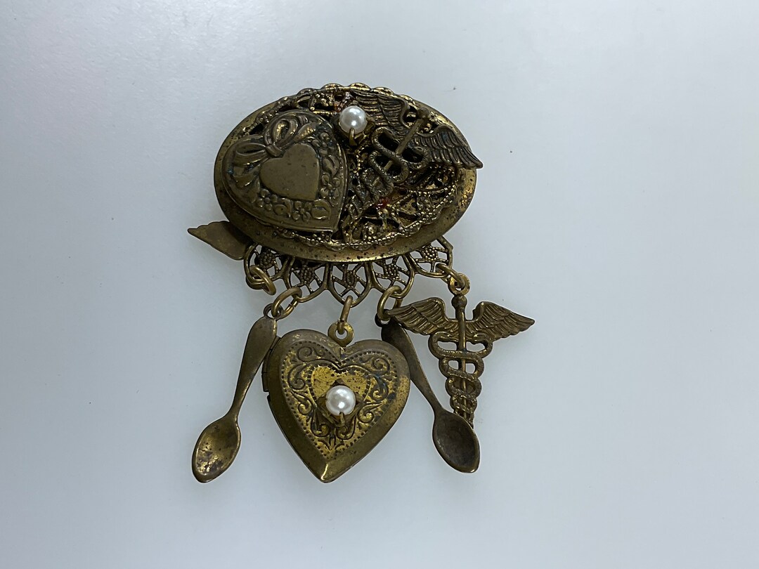 Vintage Pin Brooch Gold Toned Oval With Hearts Locket Caduceus and ...