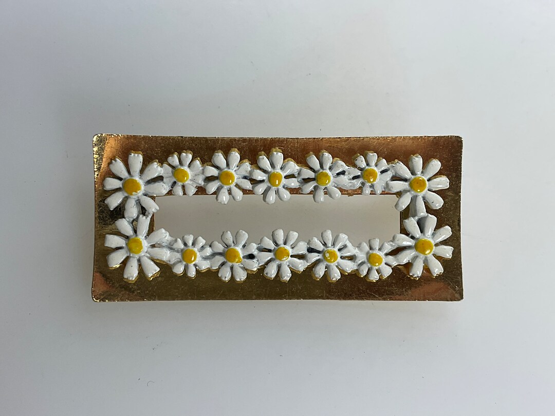 Vintage Pin Brooch Gold Toned Rectangle With Daisy Flowers With Yellow ...