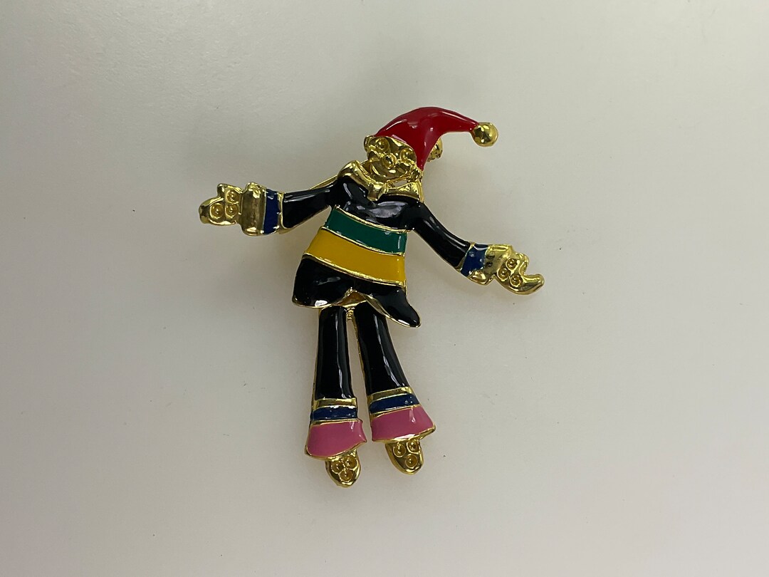 Vintage Pin Brooch Gold Toned Elf With Black Red Green Pink Yellow Blue ...