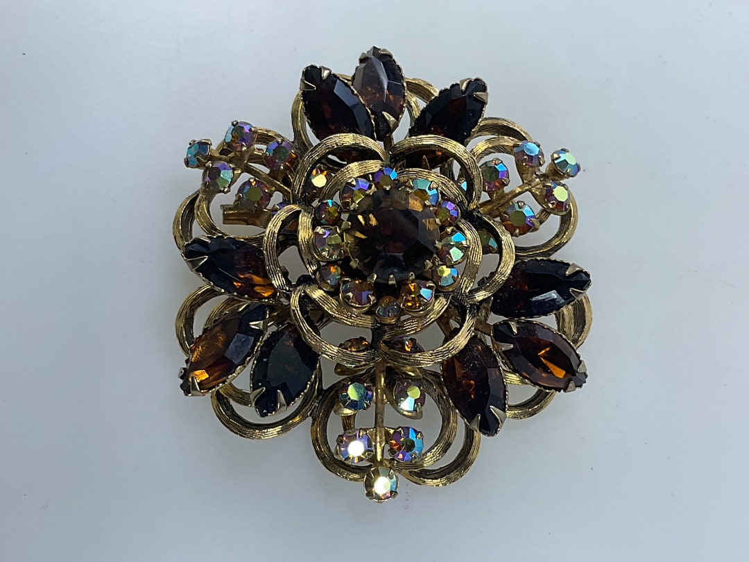 Vintage Selini Pin Brooch Gold Toned Floral With Brown and AB ...