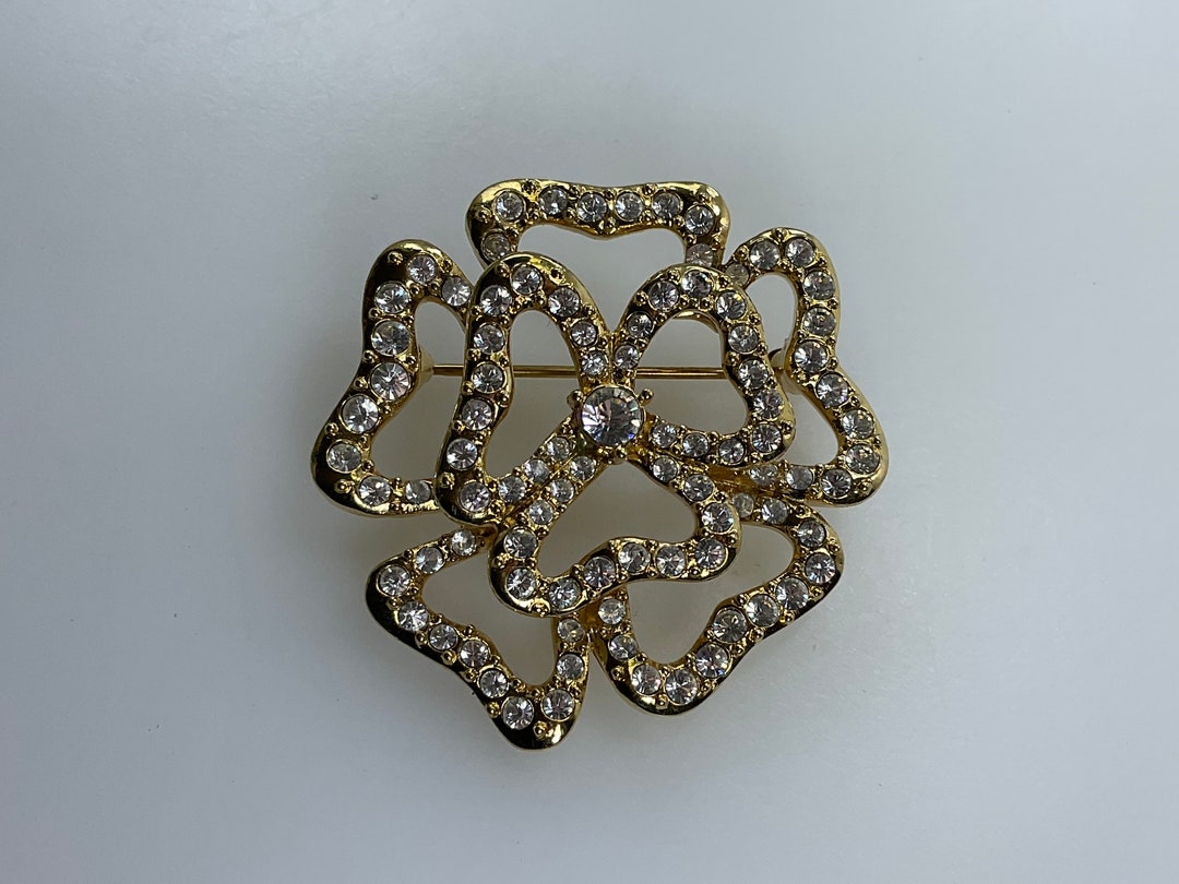 Vintage Monet Pin Brooch Gold Toned Flower Design With Clear ...