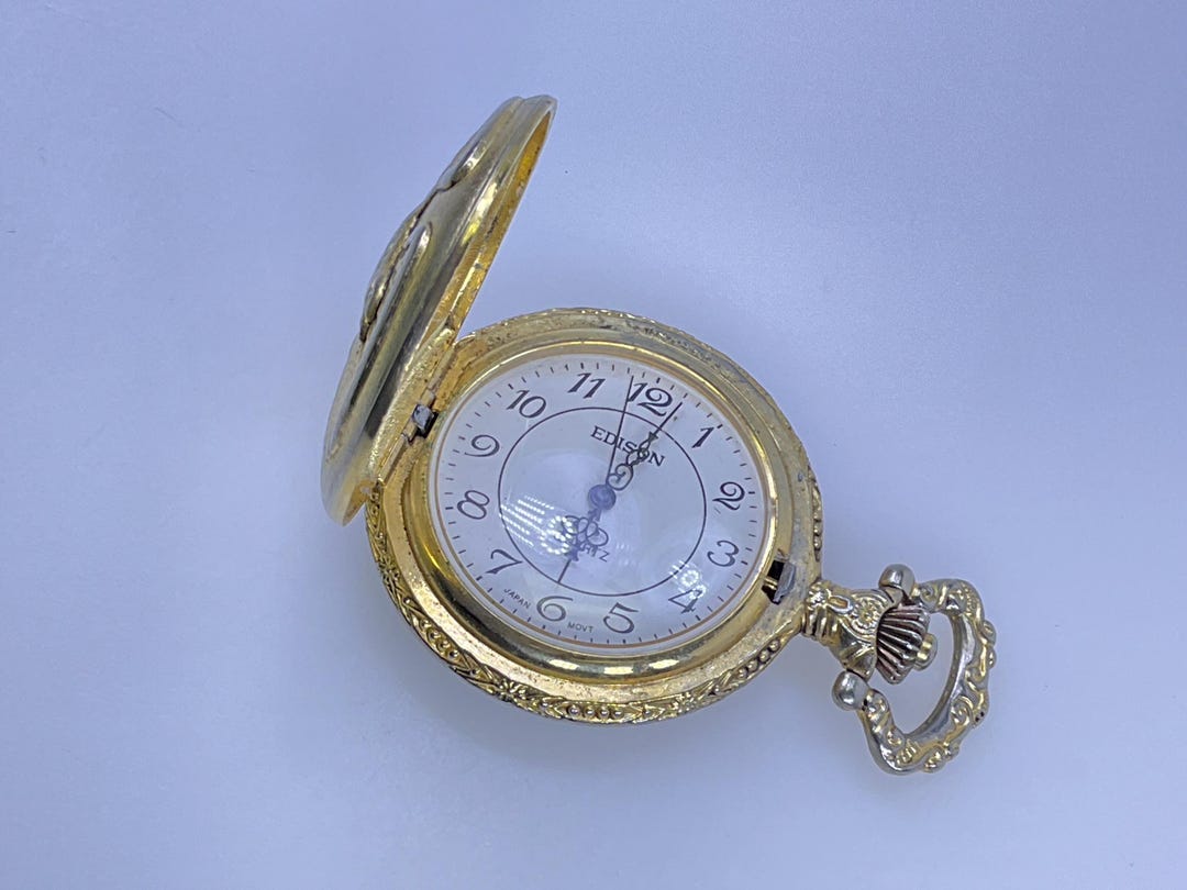 Vintage Edison Pocket Watch Gold Toned Quartz With Eagle Shows Wear Not ...