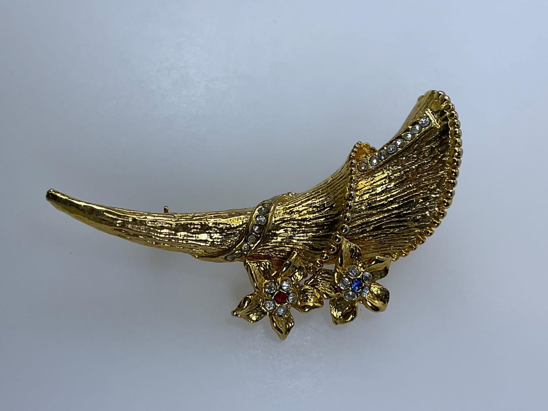 Vintage Pin Brooch Gold Toned Spiral Horn With Flowers Red Blue and ...