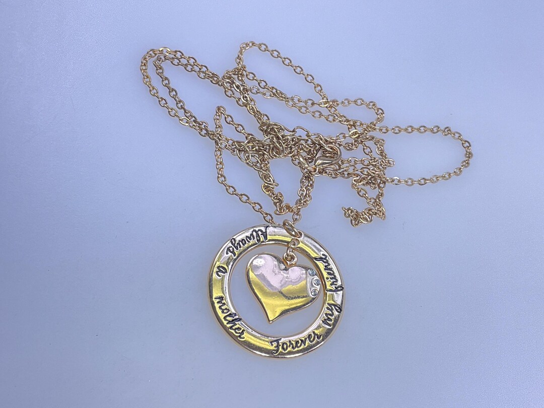 Vintage 39”-42” Necklace Gold Toned Circle With Heart Clear Rhinestones ...