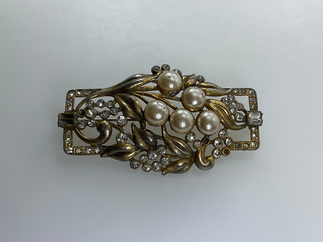 Vintage Pin Brooch Gold Toned Rectangle Floral With Faux Pearls and ...