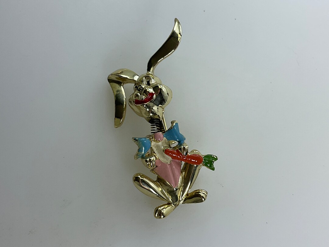 Vintage Bj Pin Brooch Gold Toned Rabbit With Blue Pink Orange White