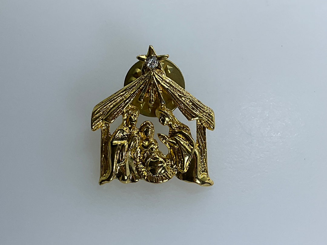Vintage Pin Brooch Gold Toned Nativity Scene With Clear Rhinestone Used ...