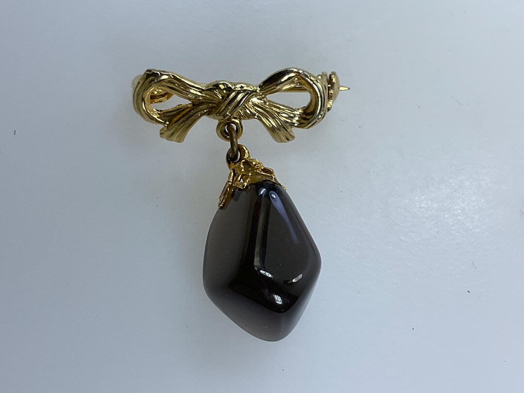 Vintage Pin Brooch Gold Toned Bow With Teardrop Obsidian Used - Etsy