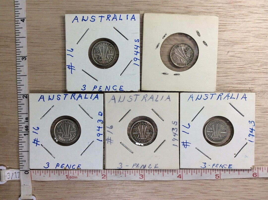 Vintage 5 Coin Lot Australian Three Pence Coins Money 1943D 1943S 1943 ...