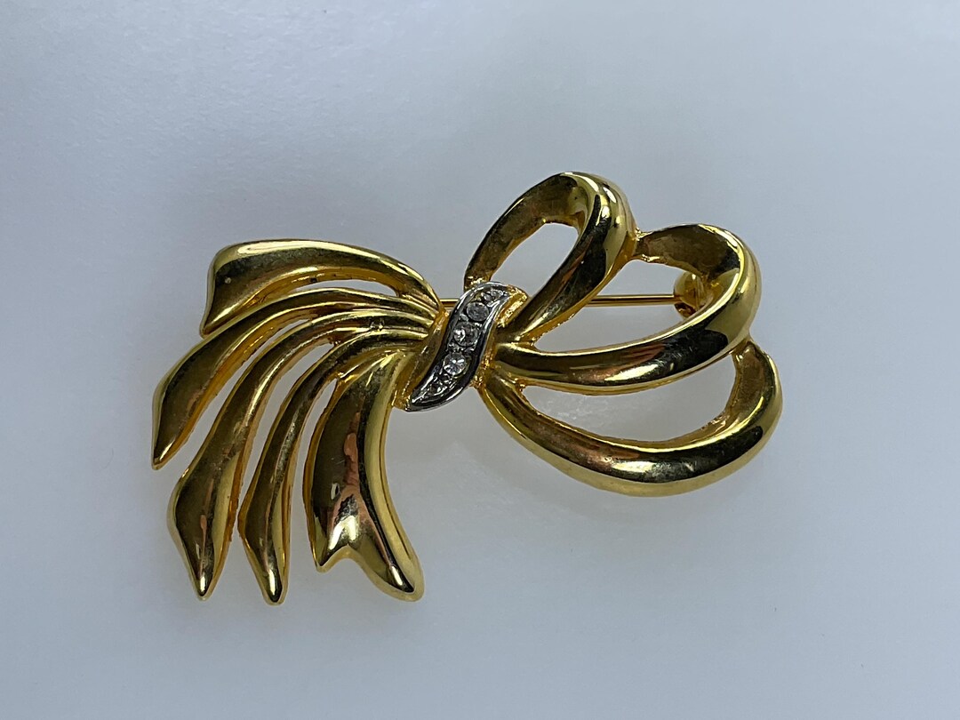 Vintage Pin Brooch Gold Toned Bow With Clear Rhinestones Used - Etsy