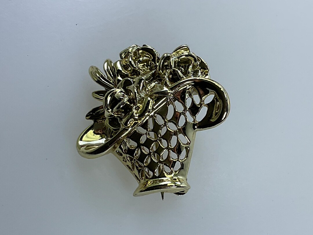 Vintage AJC Pin Brooch Gold Toned Basket With Roses Used - Etsy