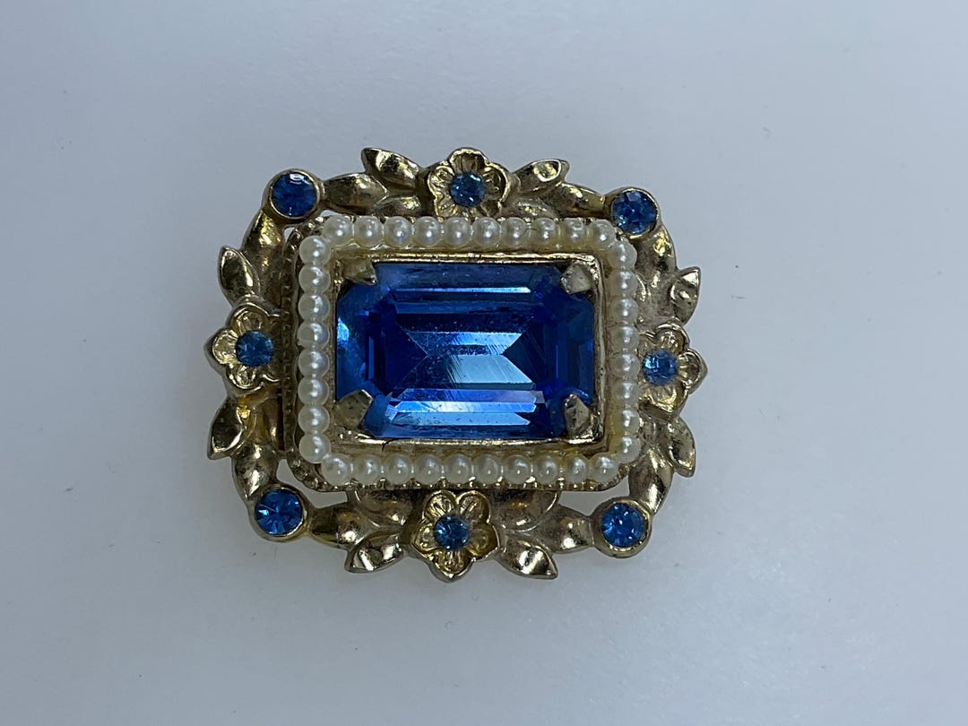 Vintage Coro Pin Brooch Gold Toned Rectangle With Flowers Blue ...