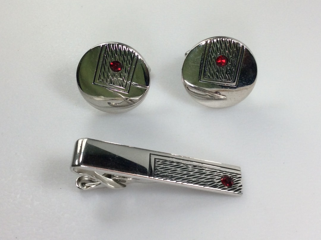 Vintage Swank Tie Clip Cuff Links Set Silver Toned Rectangle and Round ...