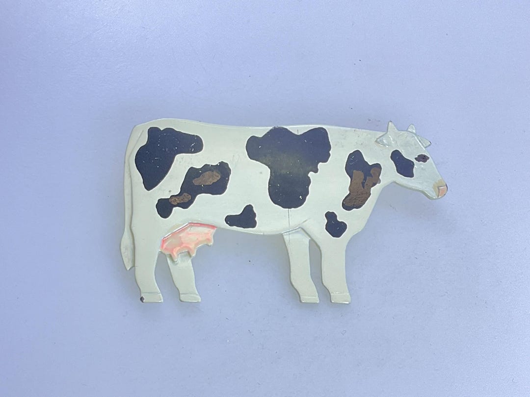 Vintage JJ Pin Brooch Jersey Cow White Black Pink Enamel Used - Etsy
