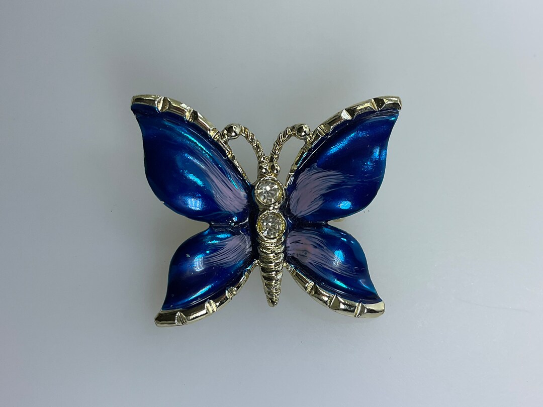 Vintage Pin Brooch Gold Toned Butterfly With Blue Enamel and Clear ...