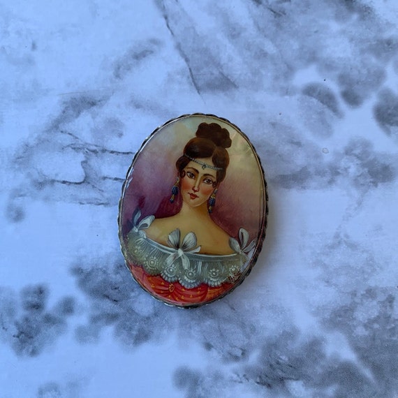 Antique Estate Pin - Handpainted Portrait French Woma… - Gem
