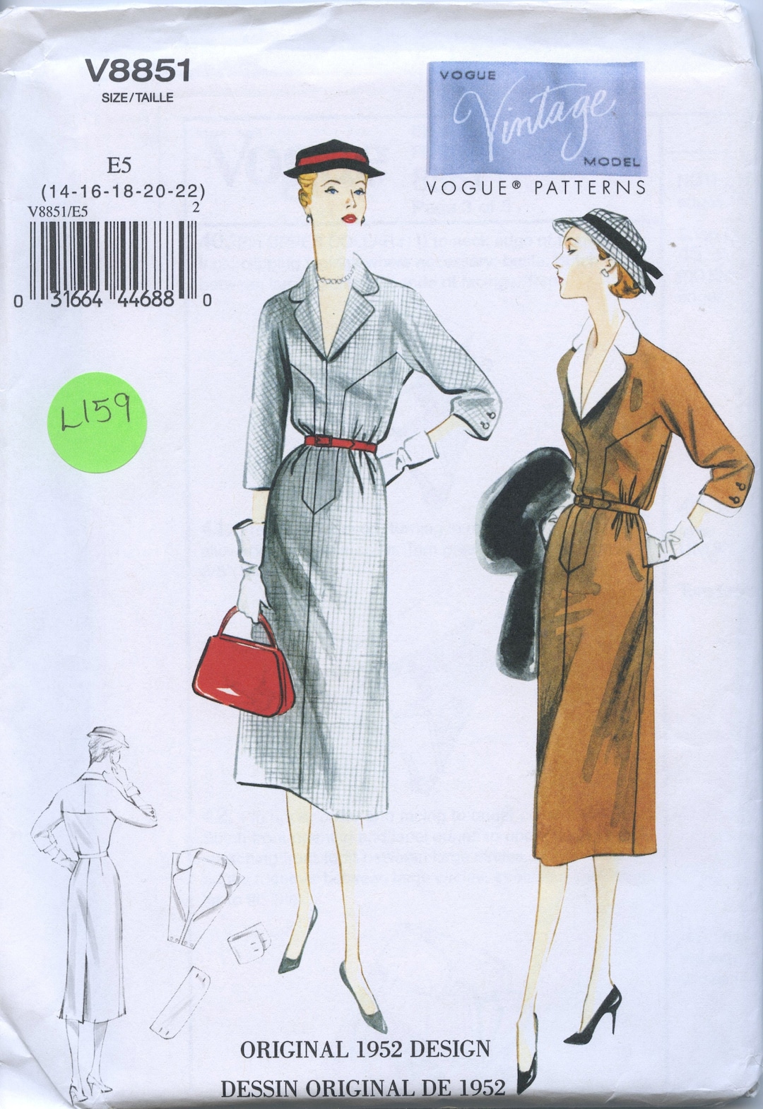 1952 Reproduction Belted Dress Pattern - Vogue Vintage Model V8851 ...