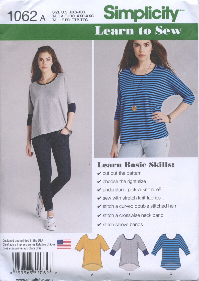 Simplicity Learn to Sew Pattern - Basic Knit Top, Hi-lo Hem - UNCUT ...