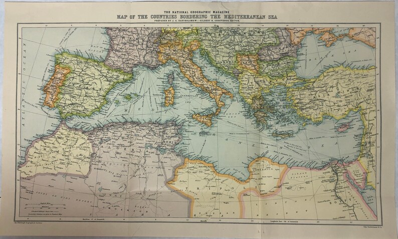 Original January 1912 Map of Countries Bordering the Mediterranean Sea ...