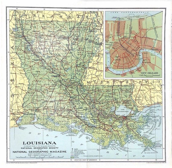 Original April 1930 Map of Louisiana National Geographic | Etsy