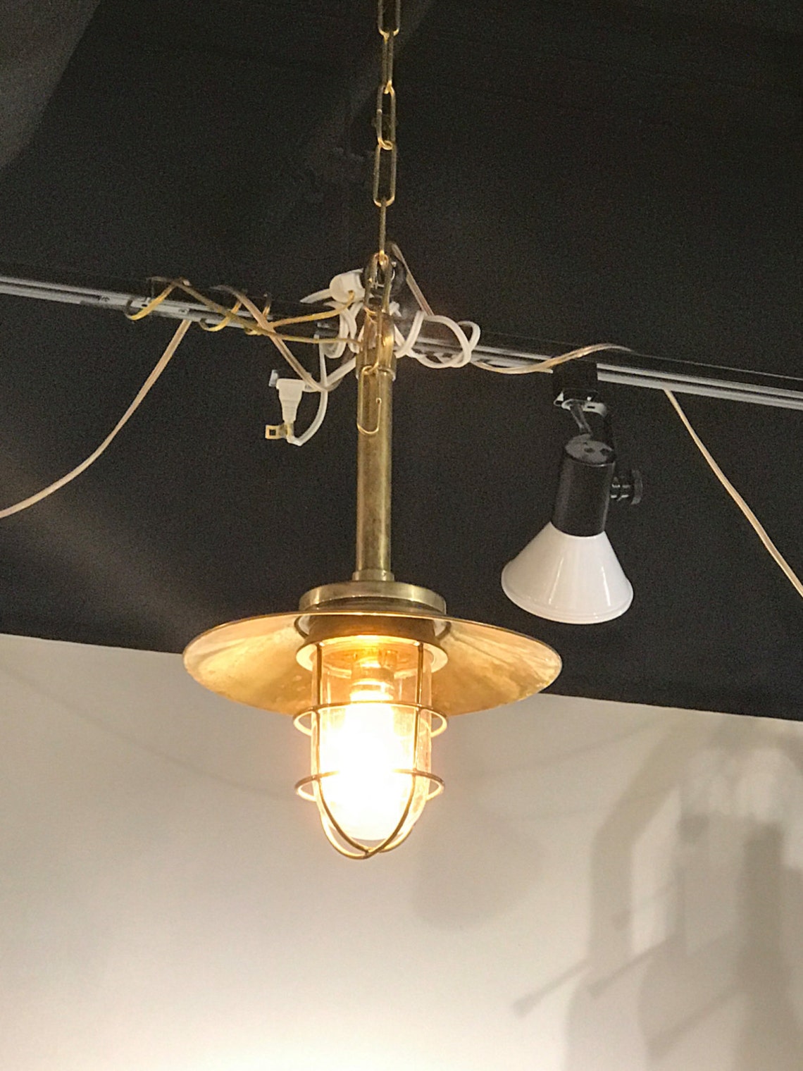 Vintage Brass Hanging Bulkhead Light With Brass Shade - Refurbished ...