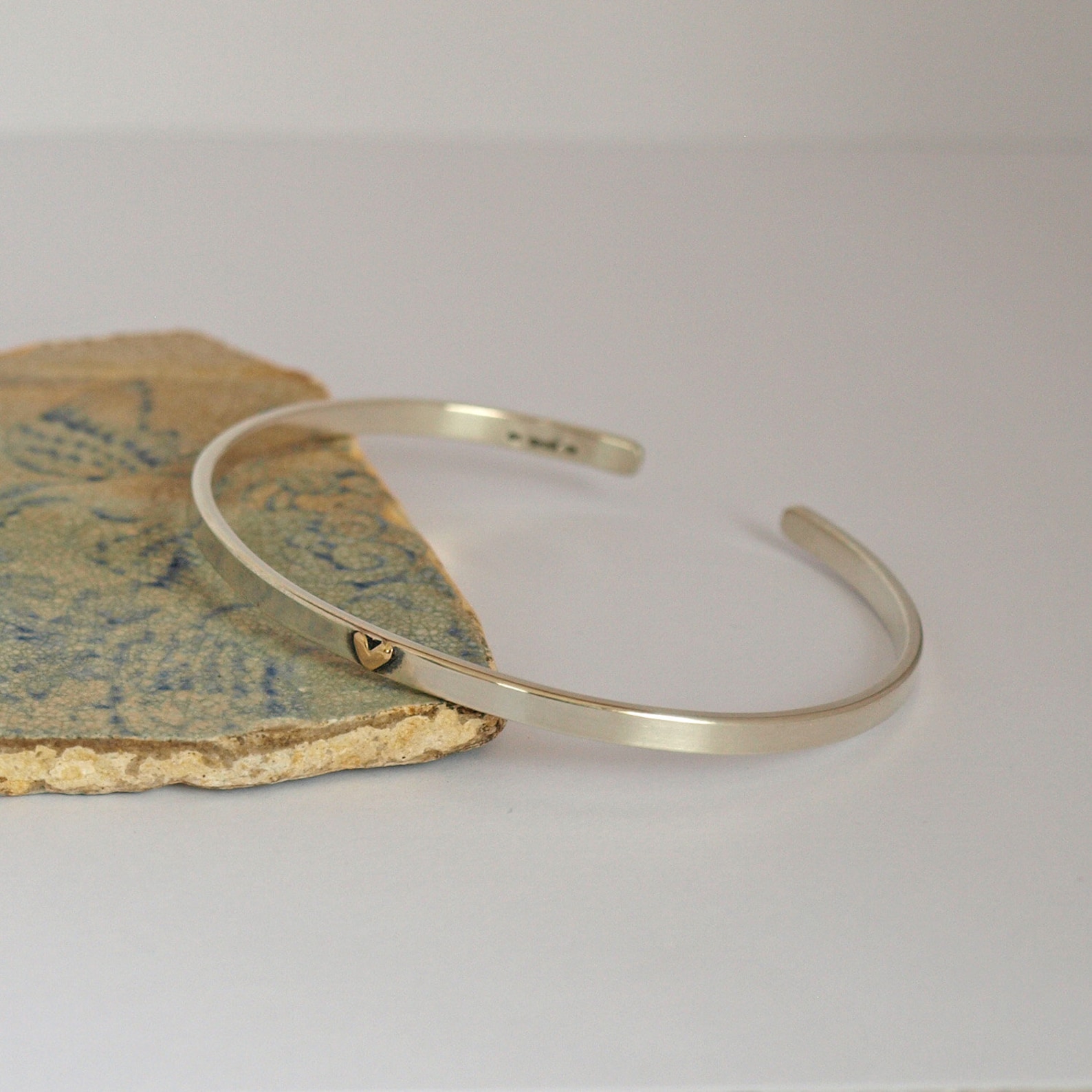 Gold Heart Sterling Silver Cuff Bracelet, Hallmarked Solid 925 Silver ...