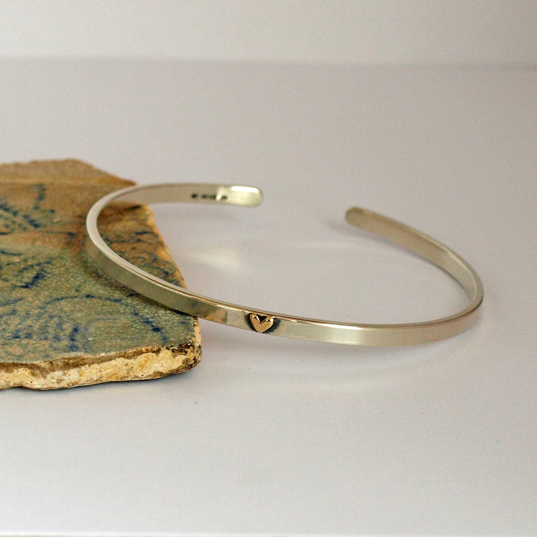 Gold Heart Sterling Silver Cuff Bracelet, Hallmarked Solid 925 Silver ...