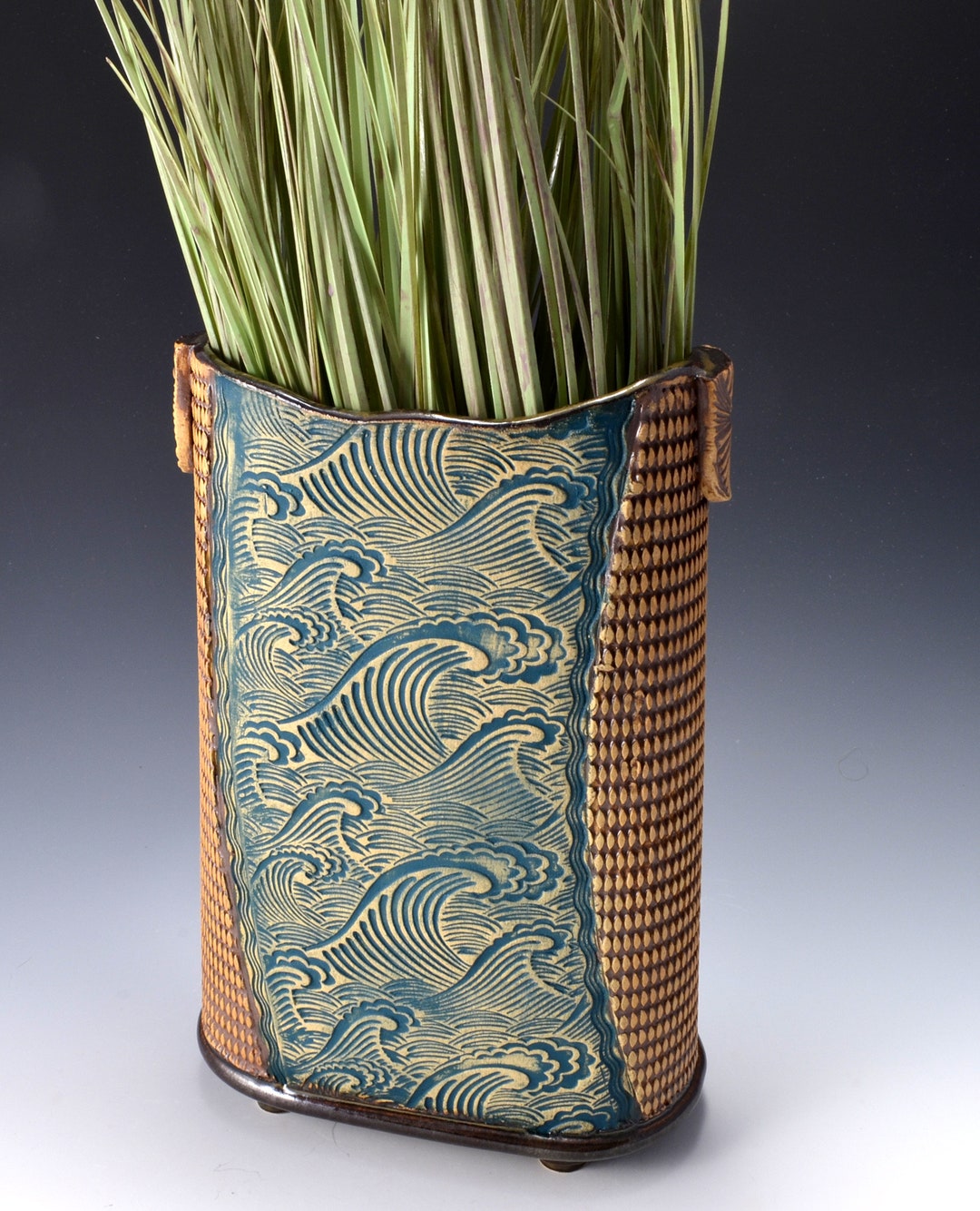 Tall Oval Vase, Stoneware With Ancient Copper Glaze and Unglazed ...